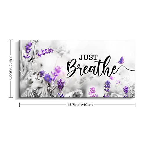 Creoate Just Breathe Bedroom Wall Art, Purple Lavender Picture with Inspirational Quotes Canvas Print Artwork for Home Decoration