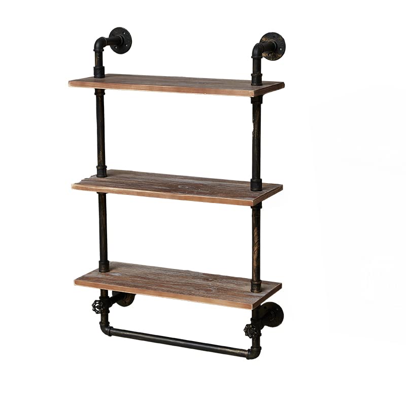 Nultuvalk Floating Shelving with Wood, Antique Wood Shelving with Towel Rail, Bathroom Industrial Pipe Rack, Wall Mounted 24" Living Room Farmhouse (Vintage Gold, 3Tier)