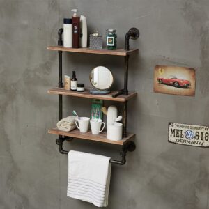 Nultuvalk Floating Shelving with Wood, Antique Wood Shelving with Towel Rail, Bathroom Industrial Pipe Rack, Wall Mounted 24" Living Room Farmhouse (Vintage Gold, 3Tier)