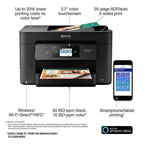 Epson WorkForce Pro WF-3720 Wireless All-in-One Color Inkjet Printer, Copier, Scanner with Wi-Fi Direct, Amazon Dash Replenishment Ready