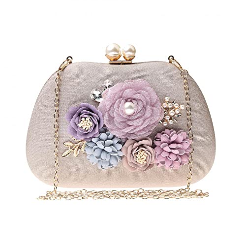 Rkrouco Evening Bag for Women, Flower Wedding Evening Clutch Purse Satin Floral Clutch Bag-Champagne