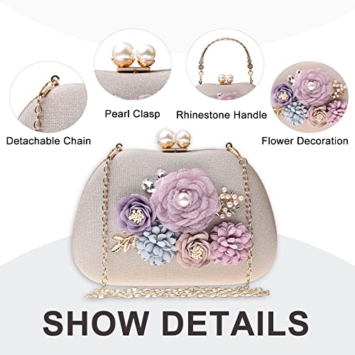 Rkrouco Evening Bag for Women, Flower Wedding Evening Clutch Purse Satin Floral Clutch Bag-Champagne