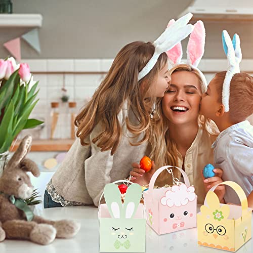 Whaline 24 Pack Easter Treat Boxes with Handle Easter Rabbit Bunny Chick Lamb DIY Basket Containers Cute Animal Style Candy Cookie Goodie Gift Holder Box for School Classroom Party Favor Supplies