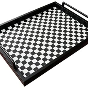 MCBZ Living Room Bedroom Decorative Tray, Coffee Table Kitchen Serving Tray, PU Leather Tray with Metal Handle 16.5 x 12.6 inches (Black and White Grid)