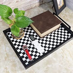 MCBZ Living Room Bedroom Decorative Tray, Coffee Table Kitchen Serving Tray, PU Leather Tray with Metal Handle 16.5 x 12.6 inches (Black and White Grid)