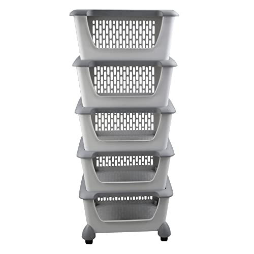 Morcte 5-Pack Plastic Stackable Storage Basket with Lids, Stacking Organizer Basket with Wheels, Gray