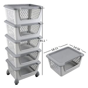 Morcte 5-Pack Plastic Stackable Storage Basket with Lids, Stacking Organizer Basket with Wheels, Gray