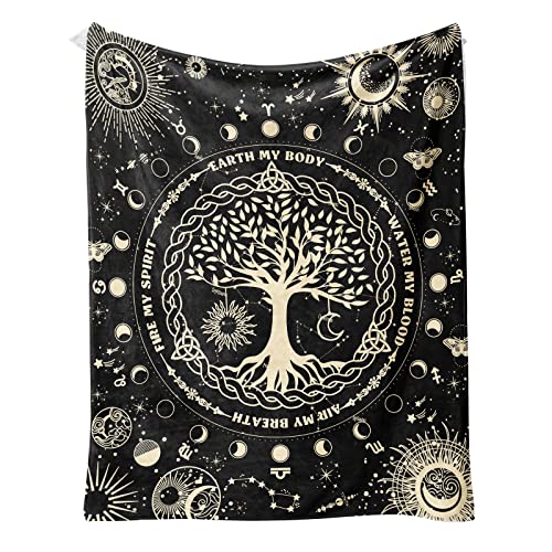 Tree of Life Throw Blanket Viking Sun and Moon Zodiac Constellation Blanket Cute Soft Lightweight Microfiber Astrology Blanket Ideal Graduation Birthday Gifts for Women Men S3 50"X 60"