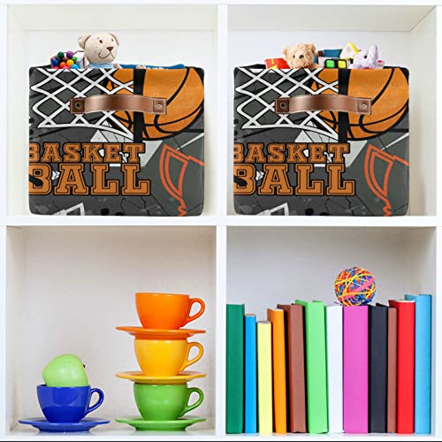 susiyo Grunge Basketball Modern Open Storage Bins 1 Pack, Large Canvas Storage Baskets with PU Handles Collapsible Storage Box Organizers for Home Closet Nursery Toys Dorm Office Laundry