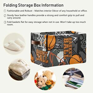 susiyo Grunge Basketball Modern Open Storage Bins 1 Pack, Large Canvas Storage Baskets with PU Handles Collapsible Storage Box Organizers for Home Closet Nursery Toys Dorm Office Laundry