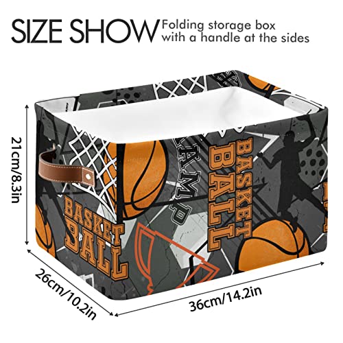 susiyo Grunge Basketball Modern Open Storage Bins 1 Pack, Large Canvas Storage Baskets with PU Handles Collapsible Storage Box Organizers for Home Closet Nursery Toys Dorm Office Laundry