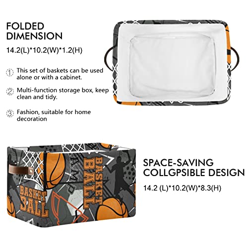 susiyo Grunge Basketball Modern Open Storage Bins 1 Pack, Large Canvas Storage Baskets with PU Handles Collapsible Storage Box Organizers for Home Closet Nursery Toys Dorm Office Laundry