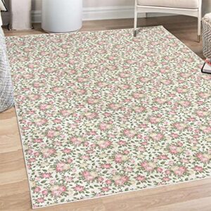 lunarable flower decorative area rug, roses rosebuds leaves bouquet flower arrangements bridal victorian style, quality carpet for bedroom dorm living room, 4′ x 5′ 5″, white pink green