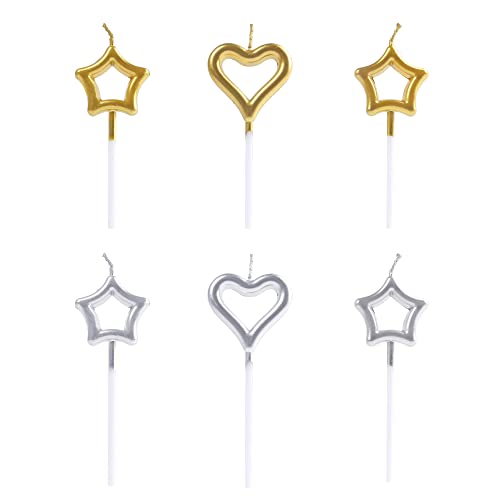 Bokin Heart and Star Shaped Birthday Cake Candles Set, Includes 4 Star Birthday Candles and 2 Heart Birthday Candles, Candle Ornament for Birthday Wedding Anniversary Valentines Day ect