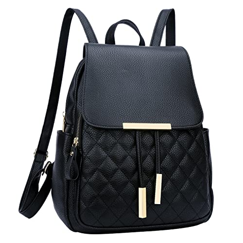 KKXIU Quilted Trendy Leather Backpack Purse for Women Teen Girls Ladies Shoulder Travel Daypacks Bags (Black)