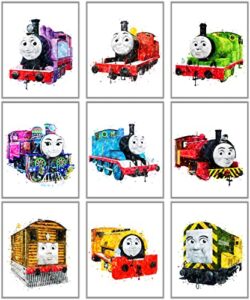 liya design prints thomas the train posters – unframed set of 9 (8 x 10 inch), posters for boys room, thomas and friends the train decor, watercolor wall art decor prints for boys kids girl toddler