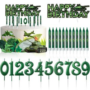 23 pcs army birthday supplies camo party supplies, include 12 camo print birthday cake candles, 10 numeral birthday candles and tank happy birthday cake topper for kids birthday army party favors