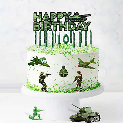 23 Pcs Army Birthday Supplies Camo Party Supplies, Include 12 Camo Print Birthday Cake Candles, 10 Numeral Birthday Candles and Tank Happy Birthday Cake Topper for Kids Birthday Army Party Favors