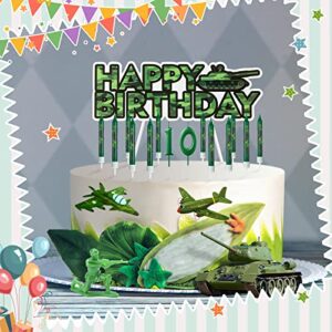 23 Pcs Army Birthday Supplies Camo Party Supplies, Include 12 Camo Print Birthday Cake Candles, 10 Numeral Birthday Candles and Tank Happy Birthday Cake Topper for Kids Birthday Army Party Favors