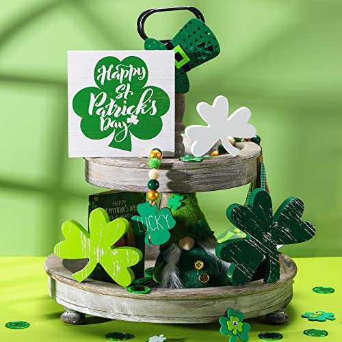 5 Pcs St. Patrick's Day Decor Tray Table Wooden Sign Rustic Shamrock Freestanding Decorations Irish Themed Centerpiece Decorations St. Patricks Day Wood Beads Garland for Home Desk Kitchen Party Decor