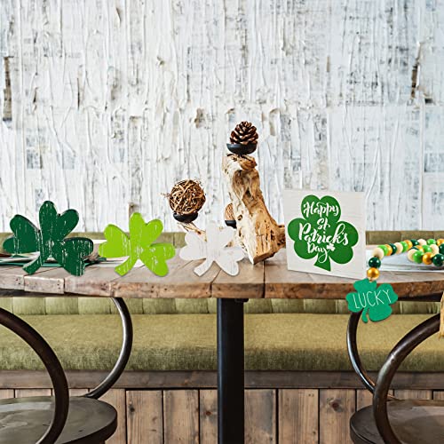 5 Pcs St. Patrick's Day Decor Tray Table Wooden Sign Rustic Shamrock Freestanding Decorations Irish Themed Centerpiece Decorations St. Patricks Day Wood Beads Garland for Home Desk Kitchen Party Decor