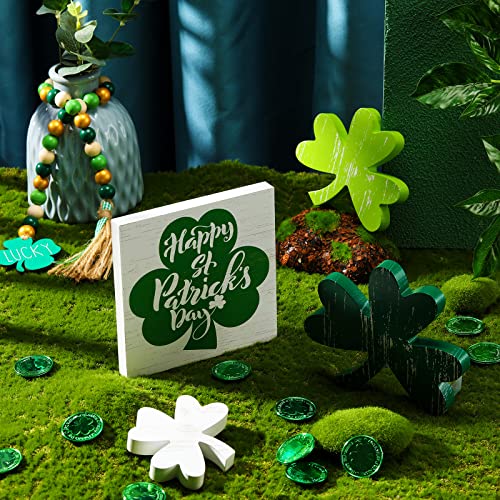 5 Pcs St. Patrick's Day Decor Tray Table Wooden Sign Rustic Shamrock Freestanding Decorations Irish Themed Centerpiece Decorations St. Patricks Day Wood Beads Garland for Home Desk Kitchen Party Decor