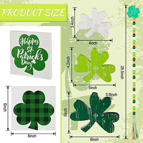 5 Pcs St. Patrick's Day Decor Tray Table Wooden Sign Rustic Shamrock Freestanding Decorations Irish Themed Centerpiece Decorations St. Patricks Day Wood Beads Garland for Home Desk Kitchen Party Decor