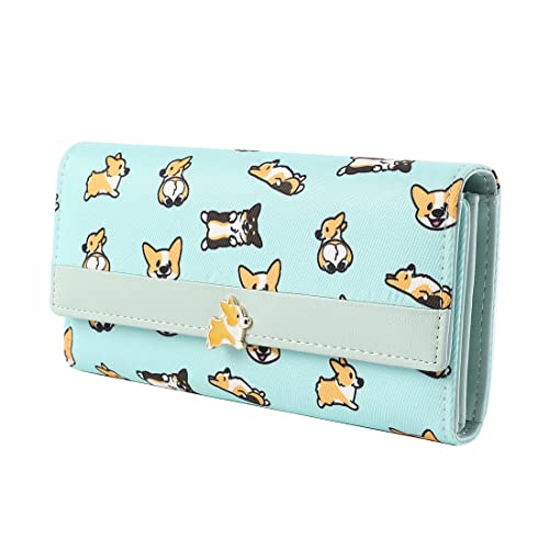 BAYSTORY Corgi Women Big Spender Clutch Travel Organizer Large Travel Purse Perfect Carry-All Money Manager Tri-fold Wallet (green)