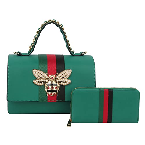 Fashion Bee Satchel Handbag and Wallet Set - Green