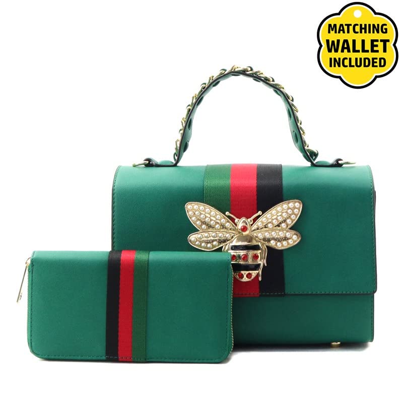 Fashion Bee Satchel Handbag and Wallet Set - Green