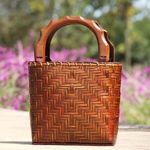 QTKJ Straw Bag for Women, Summer Beach Handmade Rattan Tote Bag, Round Wooden Handle, Boho Retro Straw Woven Handbag, Large Capacity Beach Bag for Vacation Daily