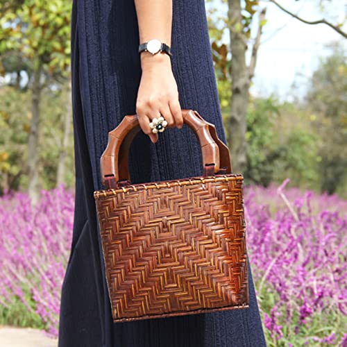 QTKJ Straw Bag for Women, Summer Beach Handmade Rattan Tote Bag, Round Wooden Handle, Boho Retro Straw Woven Handbag, Large Capacity Beach Bag for Vacation Daily