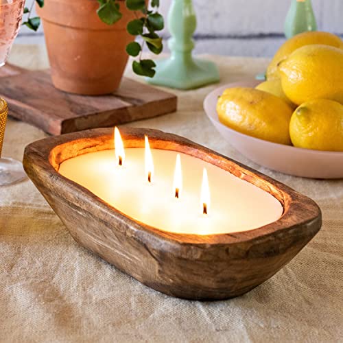 Wooden Dough Bowl Candle 10 Inch, Wooden Dough Bowl Soy Candle, Farmhouse Dough Bowl Candles for Table, Wood Bowl Candle Boat 4 Wick, Wooden Candle Bowl Decor