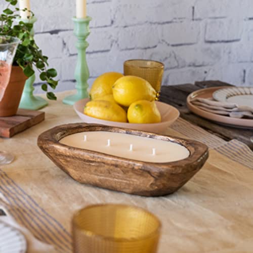 Wooden Dough Bowl Candle 10 Inch, Wooden Dough Bowl Soy Candle, Farmhouse Dough Bowl Candles for Table, Wood Bowl Candle Boat 4 Wick, Wooden Candle Bowl Decor