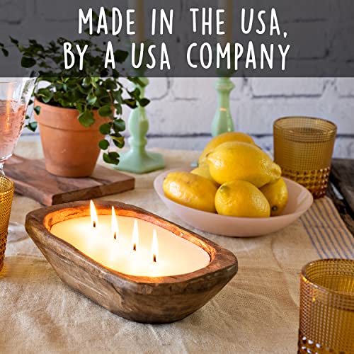 Wooden Dough Bowl Candle 10 Inch, Wooden Dough Bowl Soy Candle, Farmhouse Dough Bowl Candles for Table, Wood Bowl Candle Boat 4 Wick, Wooden Candle Bowl Decor