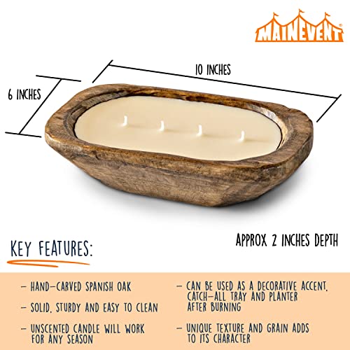 Wooden Dough Bowl Candle 10 Inch, Wooden Dough Bowl Soy Candle, Farmhouse Dough Bowl Candles for Table, Wood Bowl Candle Boat 4 Wick, Wooden Candle Bowl Decor