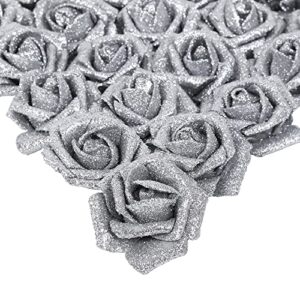 ipopu artificial flowers, 25pcs foam glitter roses glitter foam rose foam rose with stem for diy wedding bridal bouquet home party christmas decoration(silver)