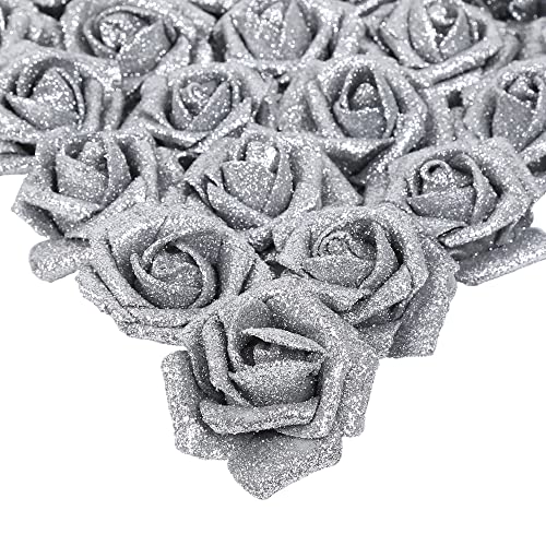 IPOPU Artificial Flowers, 25pcs Foam Glitter Roses Glitter Foam Rose Foam Rose with Stem for DIY Wedding Bridal Bouquet Home Party Christmas Decoration(Silver)