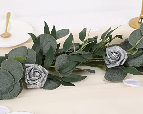 IPOPU Artificial Flowers, 25pcs Foam Glitter Roses Glitter Foam Rose Foam Rose with Stem for DIY Wedding Bridal Bouquet Home Party Christmas Decoration(Silver)