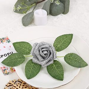 IPOPU Artificial Flowers, 25pcs Foam Glitter Roses Glitter Foam Rose Foam Rose with Stem for DIY Wedding Bridal Bouquet Home Party Christmas Decoration(Silver)