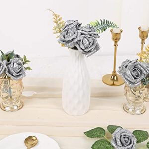 IPOPU Artificial Flowers, 25pcs Foam Glitter Roses Glitter Foam Rose Foam Rose with Stem for DIY Wedding Bridal Bouquet Home Party Christmas Decoration(Silver)