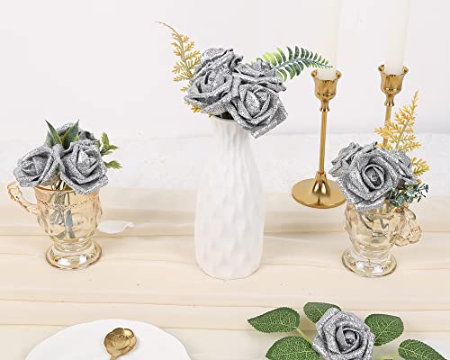 IPOPU Artificial Flowers, 25pcs Foam Glitter Roses Glitter Foam Rose Foam Rose with Stem for DIY Wedding Bridal Bouquet Home Party Christmas Decoration(Silver)