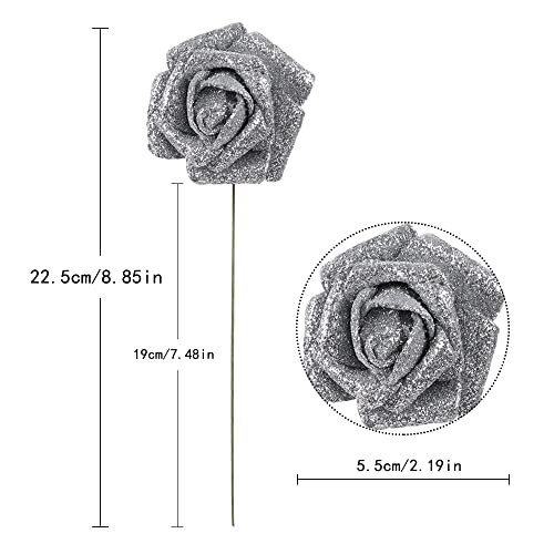 IPOPU Artificial Flowers, 25pcs Foam Glitter Roses Glitter Foam Rose Foam Rose with Stem for DIY Wedding Bridal Bouquet Home Party Christmas Decoration(Silver)