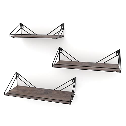 EYMPEU Floating Shelves Set of 3, Rustic Wall Shelf with Bar Triangle Bracket for Wall Mounted Hanging, Bathroom, Kitchen, Bedroom, Living Room, Plant