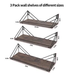 EYMPEU Floating Shelves Set of 3, Rustic Wall Shelf with Bar Triangle Bracket for Wall Mounted Hanging, Bathroom, Kitchen, Bedroom, Living Room, Plant