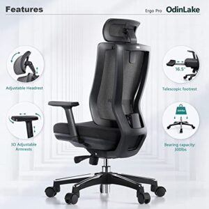 OdinLake Ergonomic Office Chair Mesh - Seat Depth Adjustable Home Office Desk Chairs High Back with Lumbar Support - Computer Swivel Task Chair with Footrest, Headrest, PU Wheels (Model: Ergo Pro 633)