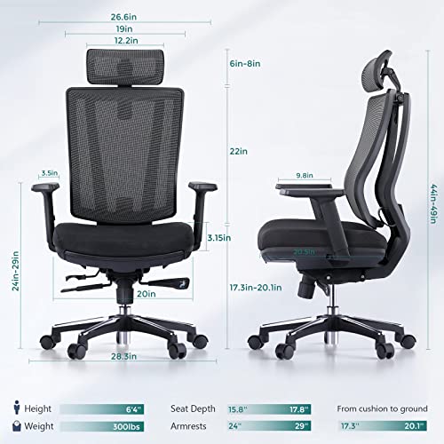 OdinLake Ergonomic Office Chair Mesh - Seat Depth Adjustable Home Office Desk Chairs High Back with Lumbar Support - Computer Swivel Task Chair with Footrest, Headrest, PU Wheels (Model: Ergo Pro 633)