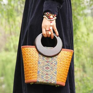 QTKJ Straw Beach Bag for Women, Summer Handmade Rattan Tote Bag, Round Wooden Handle, Boho Retro Straw Woven Handbag, Large Beach Bag for Vacation (Yellow)