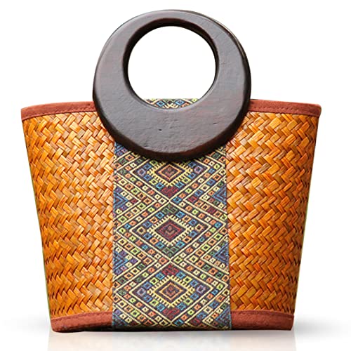 QTKJ Straw Beach Bag for Women, Summer Handmade Rattan Tote Bag, Round Wooden Handle, Boho Retro Straw Woven Handbag, Large Beach Bag for Vacation (Yellow)