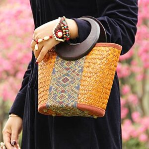 QTKJ Straw Beach Bag for Women, Summer Handmade Rattan Tote Bag, Round Wooden Handle, Boho Retro Straw Woven Handbag, Large Beach Bag for Vacation (Yellow)